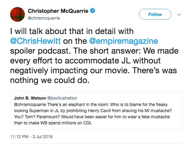 Mission: Impossible 6 Director Responds To Justice League Mustache Blame