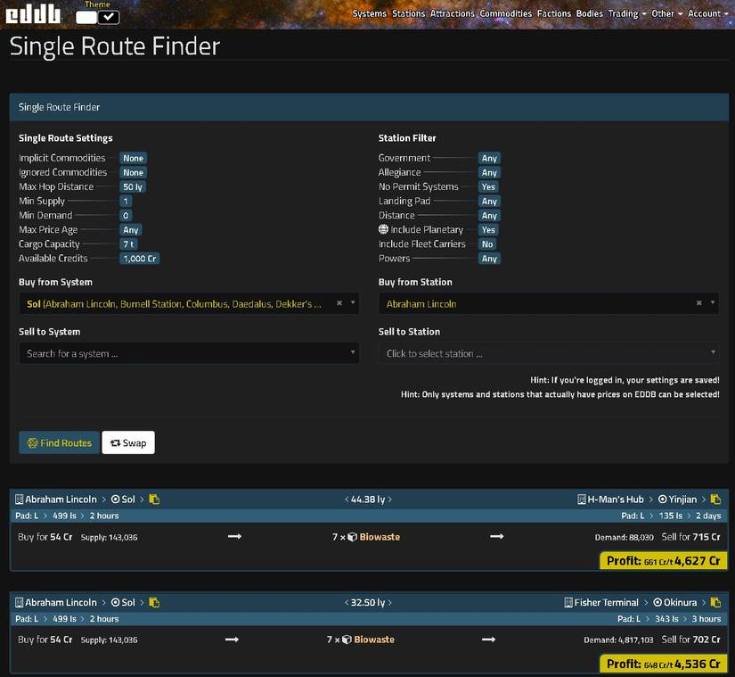 Elite Dangerous Trade Route Finder