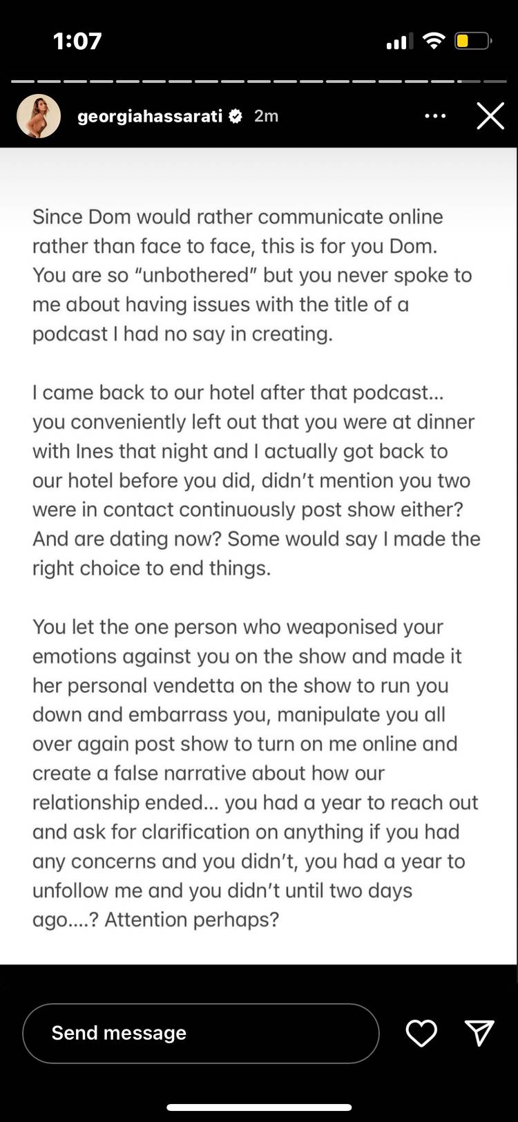 Perfect Match's Georgia Slams Dom & Francesca For Spreading Lies