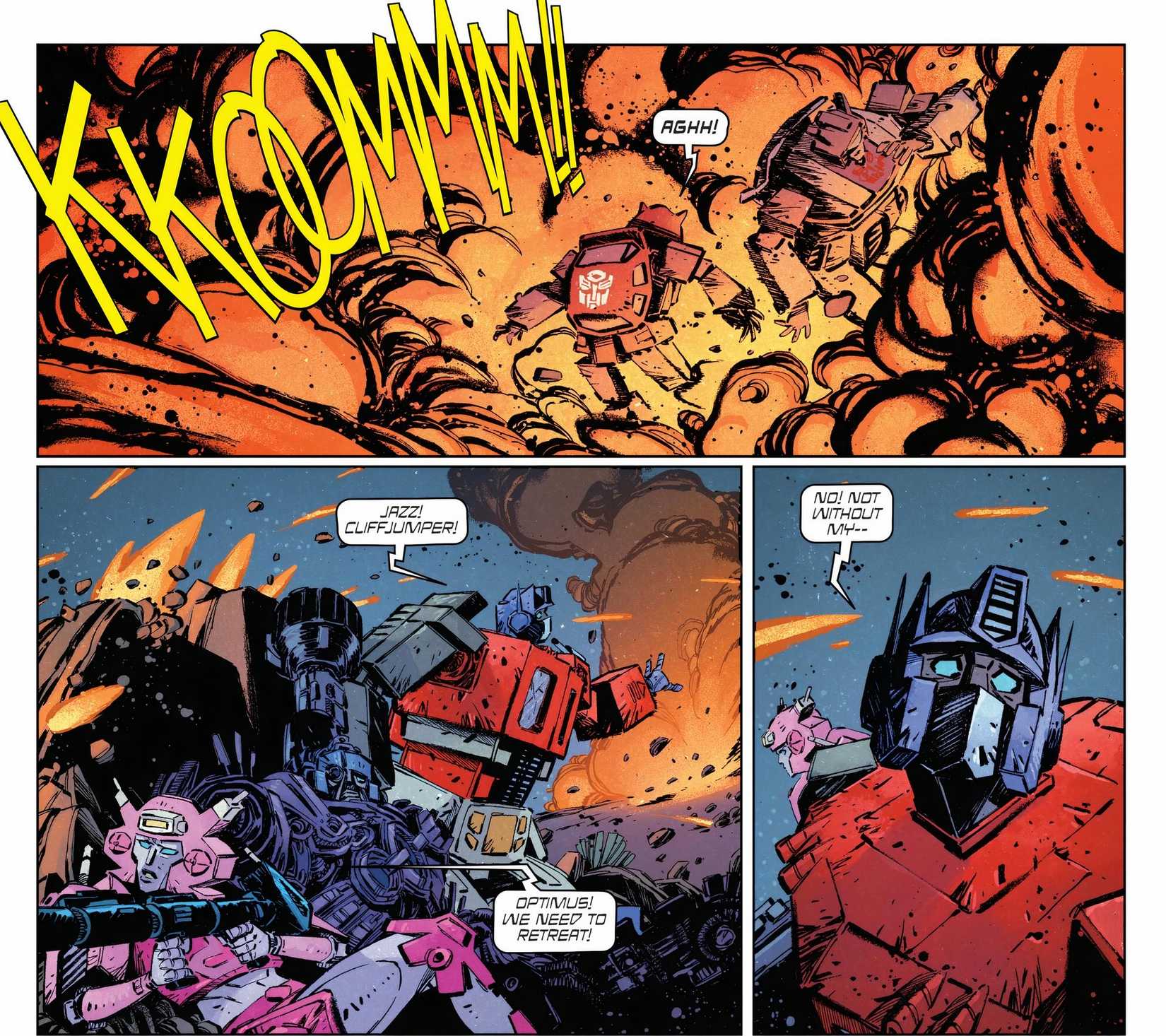 An Autobot Falls as the Decepticons Deal Optimus Prime a Violent Defeat
