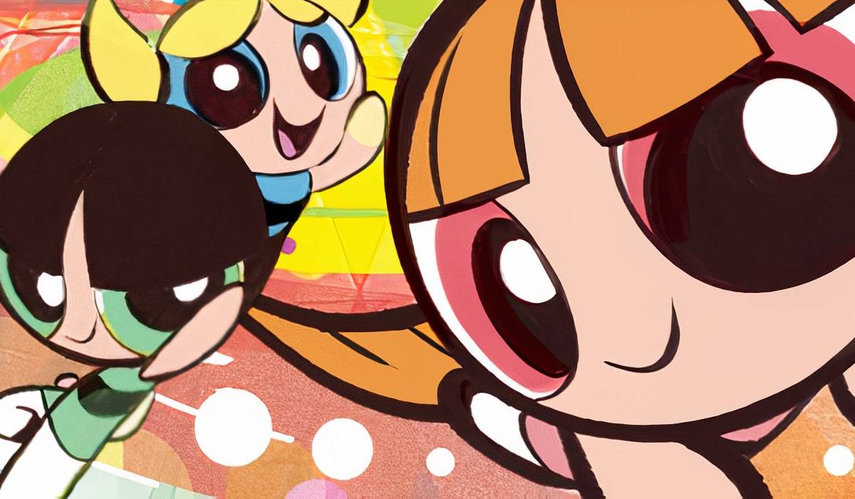 The Powerpuff Girls Cartoon Characters Are Flying Through The Air With